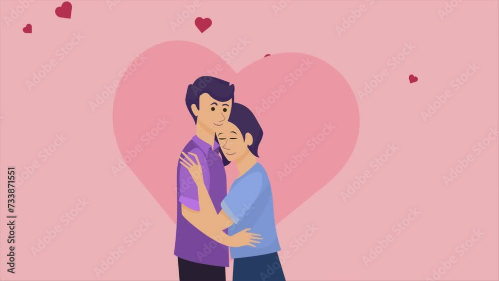 4K footage animated illustration graphic of romantic couple hug and ...