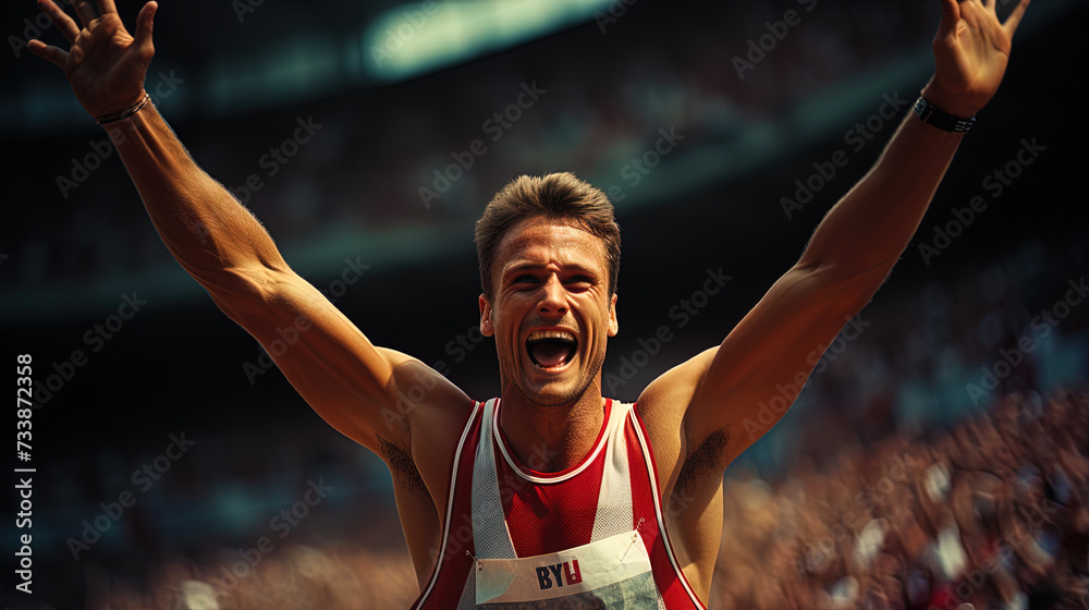 The gymnast at the time of a high jump on his raised hands ...