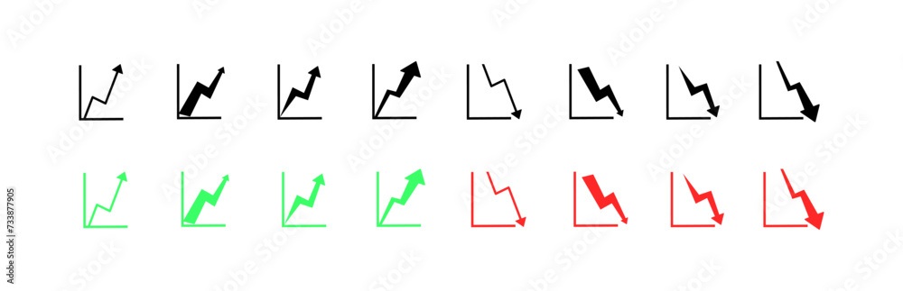 Up and down arrows on chart icons. Different styles, green and red, up ...