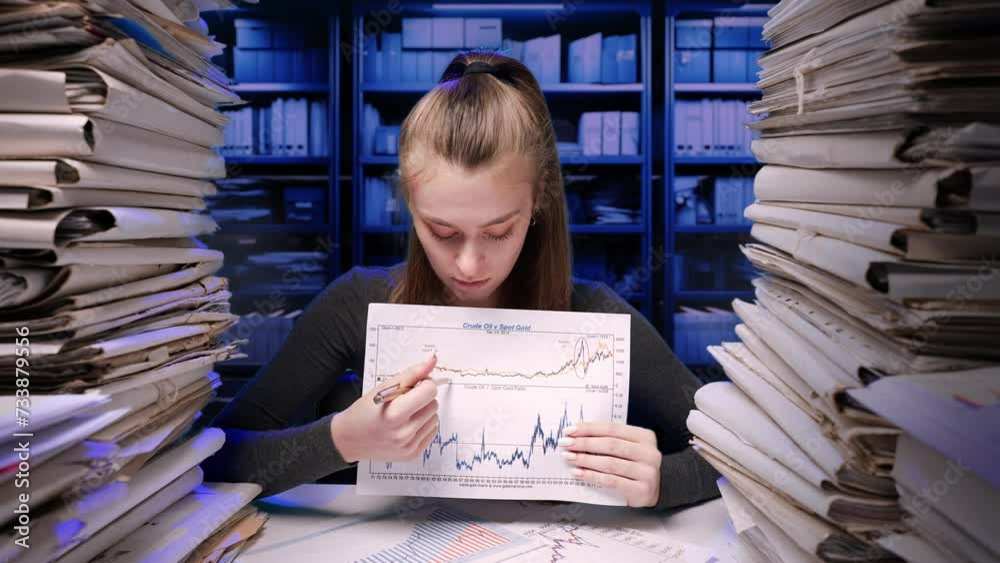 Exhausted young business woman office employee at the desk working late ...