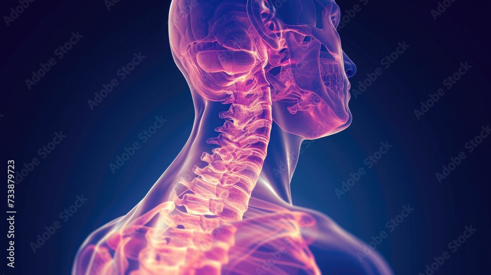 neck pain, shot of the ridge and skull, inflammation of the spine ...