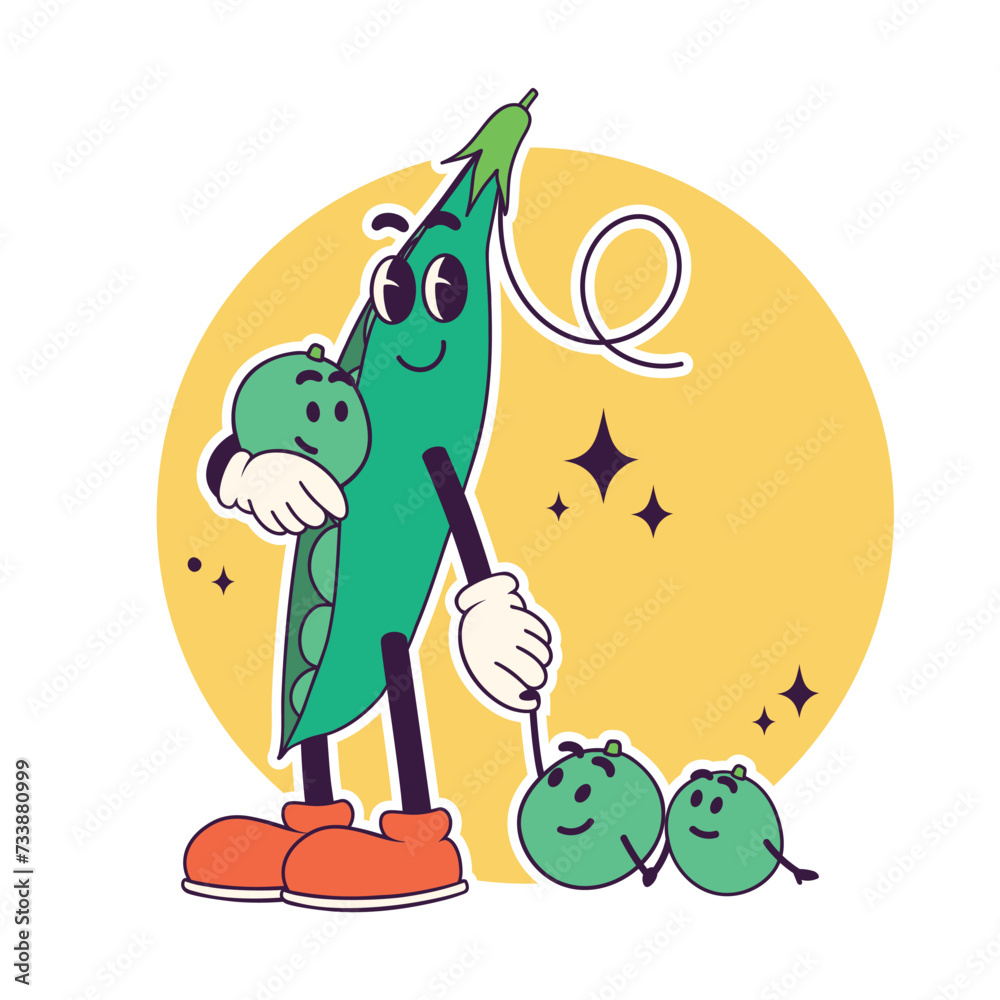 Vector cartoon green pea pod with peas. Green pea family. Hand-drawn ...