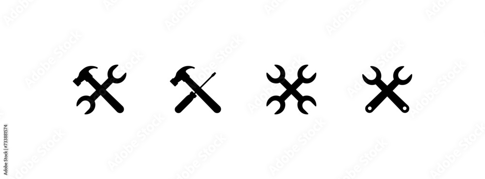 Tool icons are crossed. Silhouette, black, set of repair buttons, cross ...