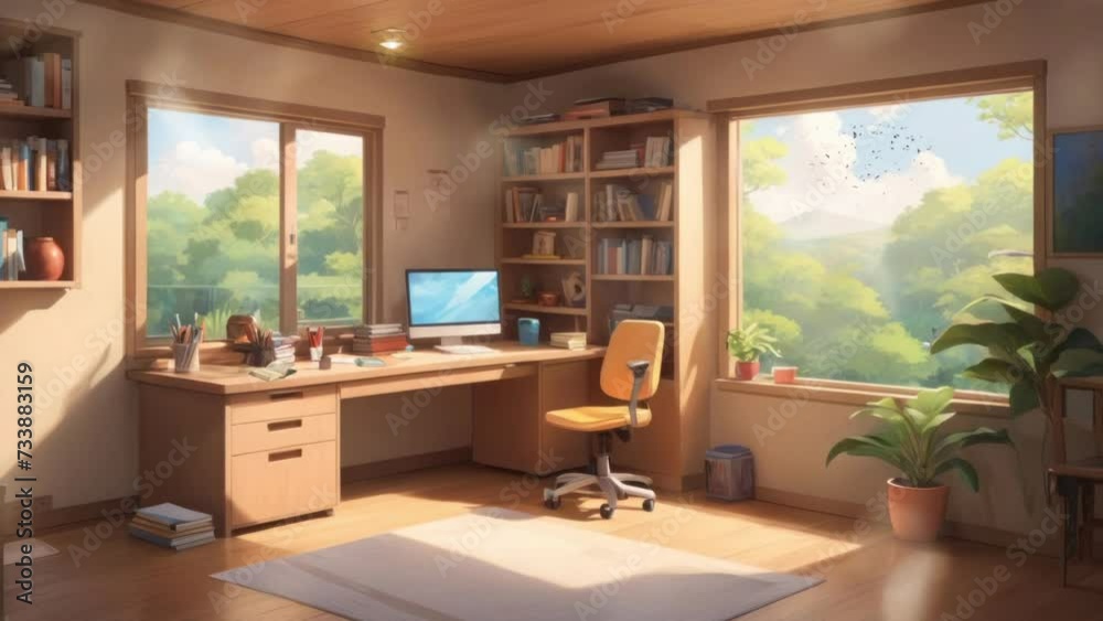 study room with a modern concept. Cartoon or anime watercolor painting ...