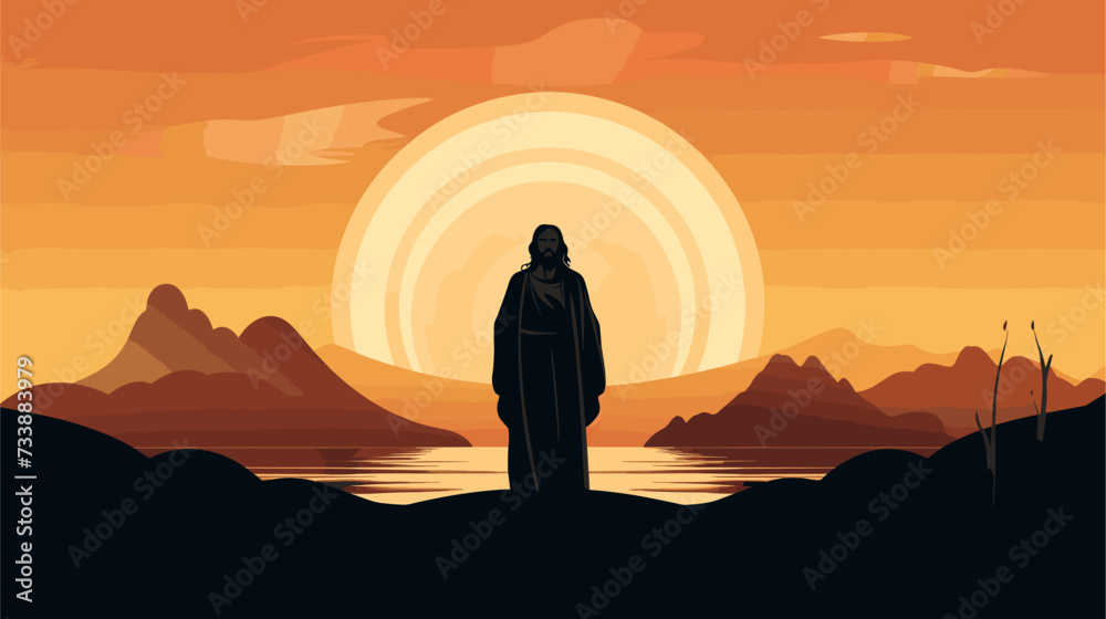 Minimalist scene with a silhouette of Jesus Christ against a radiant ...