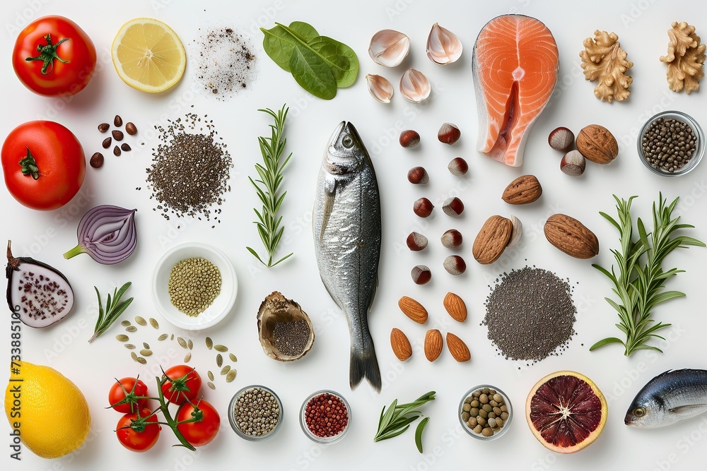 Food sources of omega 3 and omega 6 on white background top view. Foods ...