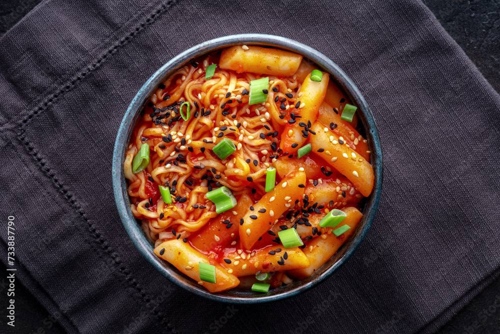 Rabokki, tteokbokki or topokki with ramen, Korean street food, spicy ...