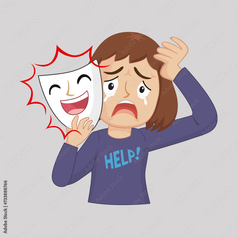 Sad woman is covering her face with a smiling mask. Concept of masking ...