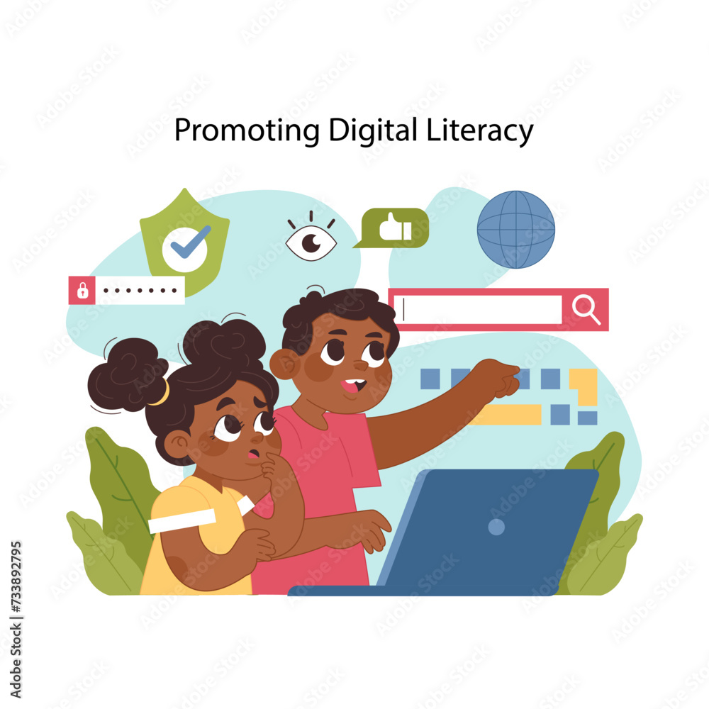 Vetor de Digital literacy concept. Child learning to navigate internet ...