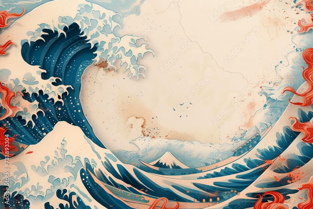 The corner of an image bursting with detailed Ukiyo-e inspired waves ...