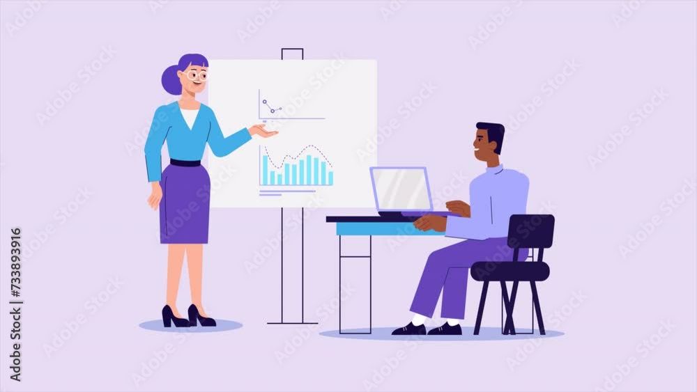 Business meeting animation. speaker pointing at presentation on board ...
