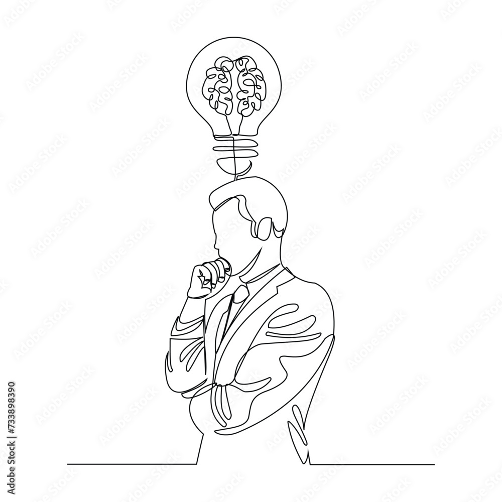 Continuous Single line sketch drawing of thinking man and brain bulb ...