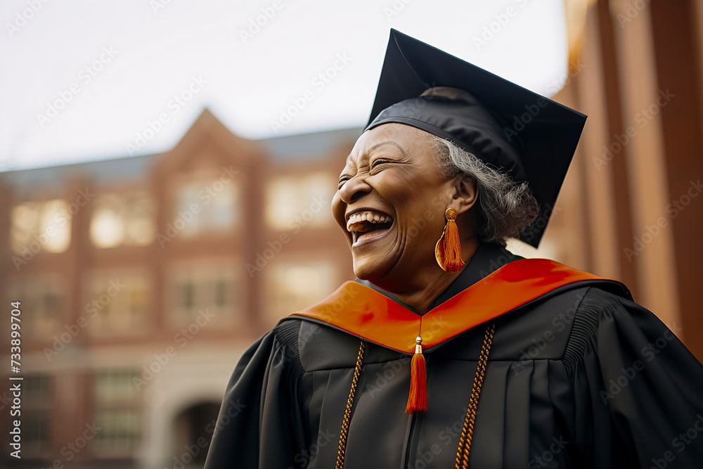 black woman graduate in cap and gown standing before a brick building ...
