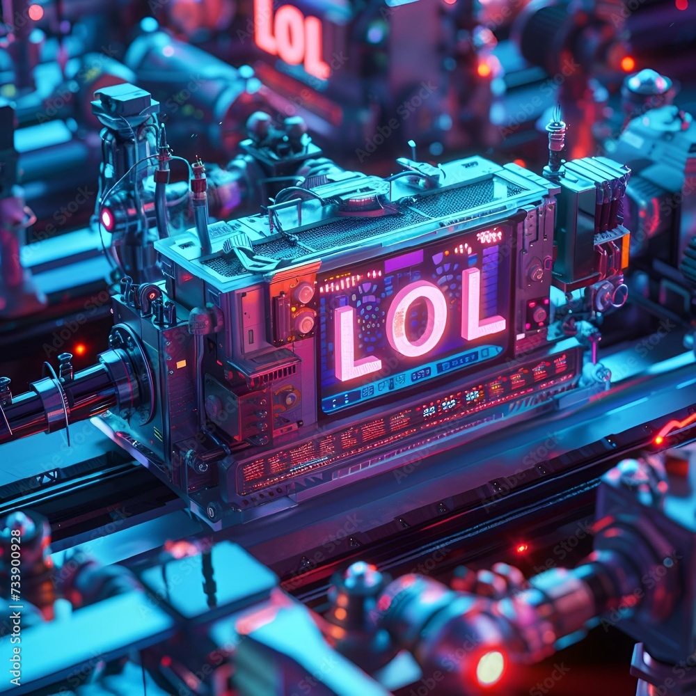 AI-generated illustration of a neon LOL sign on an industrial machine ...