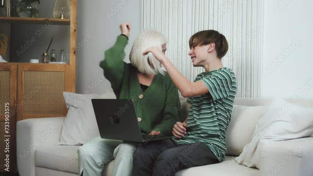 Vidéo Stock Happy Granny and boy grandson using laptop computer and ...