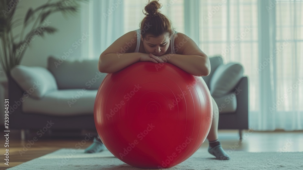 Focused Woman Resting on Fitness Ball, contemplative woman rests on a red exercise ball in a ...