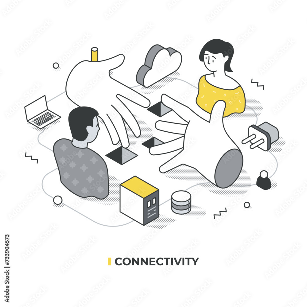 Connectivity isometric illustration. Hands and people symbolize global ...