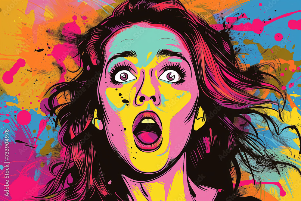shocked woman's face screaming with open mouth and swirling paint ...