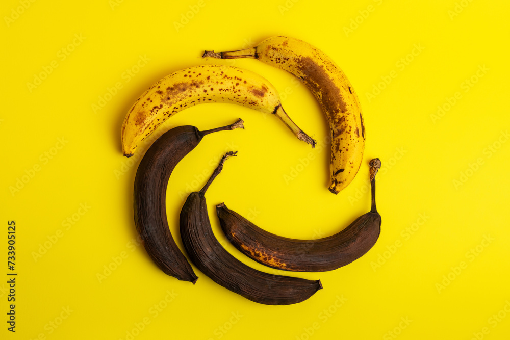 Rotten bananas on a yellow background from above. Bananas that are ...