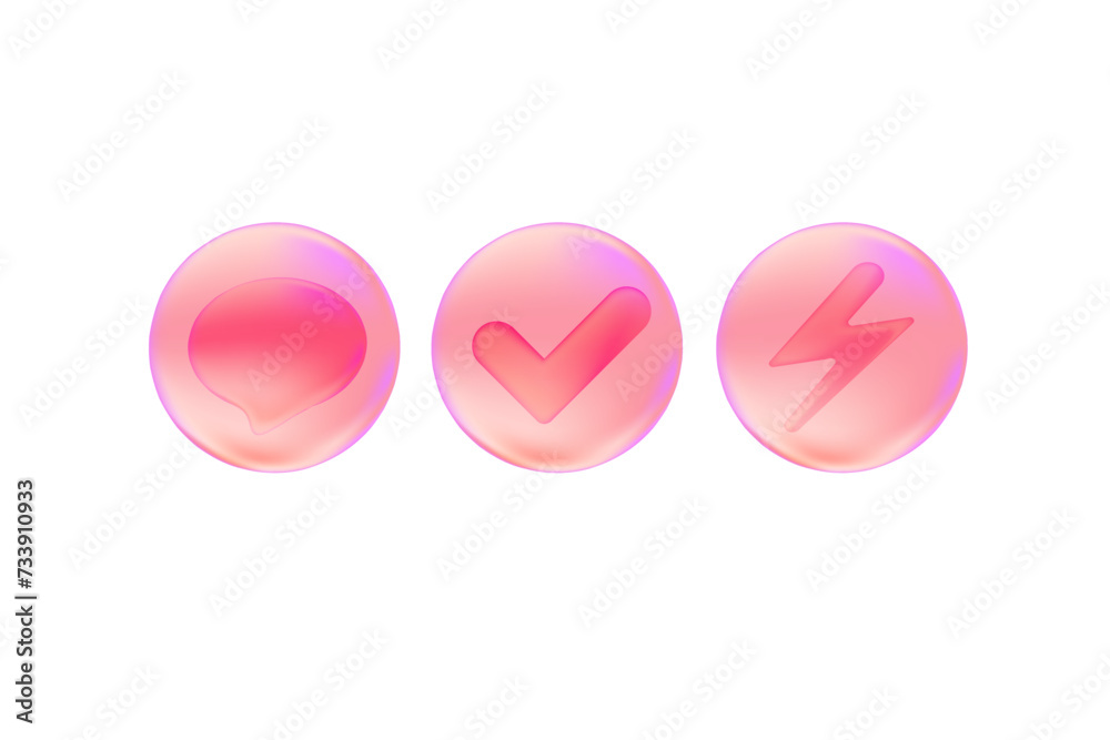 Cute pink circle bubbles icon set with speech bubble, energy lightning ...