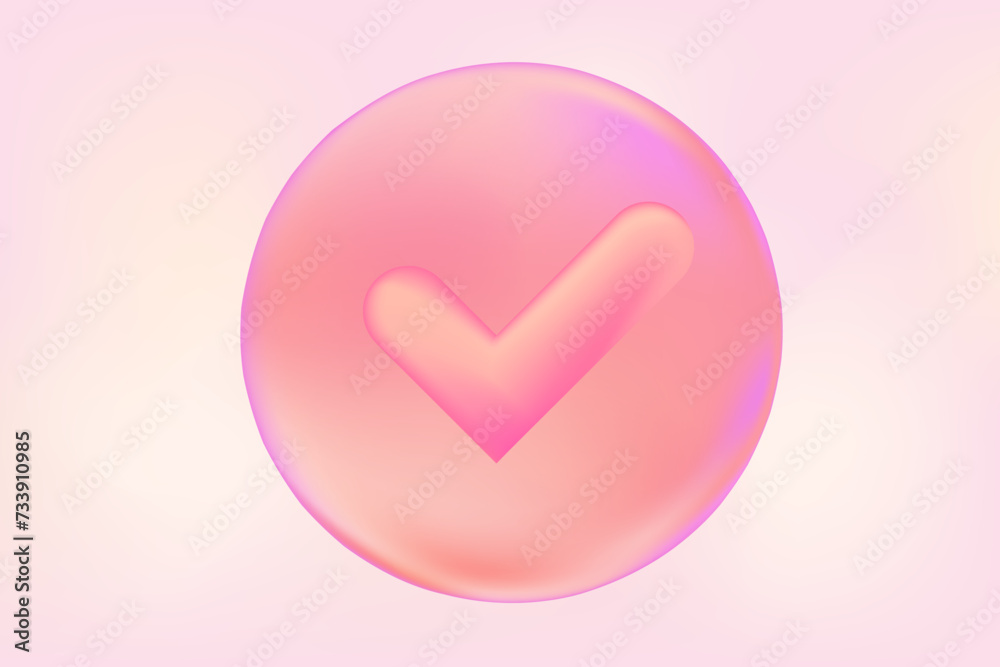 Cute pink check mark icon. Smooth 3d bubble icon. Creative isolated ...