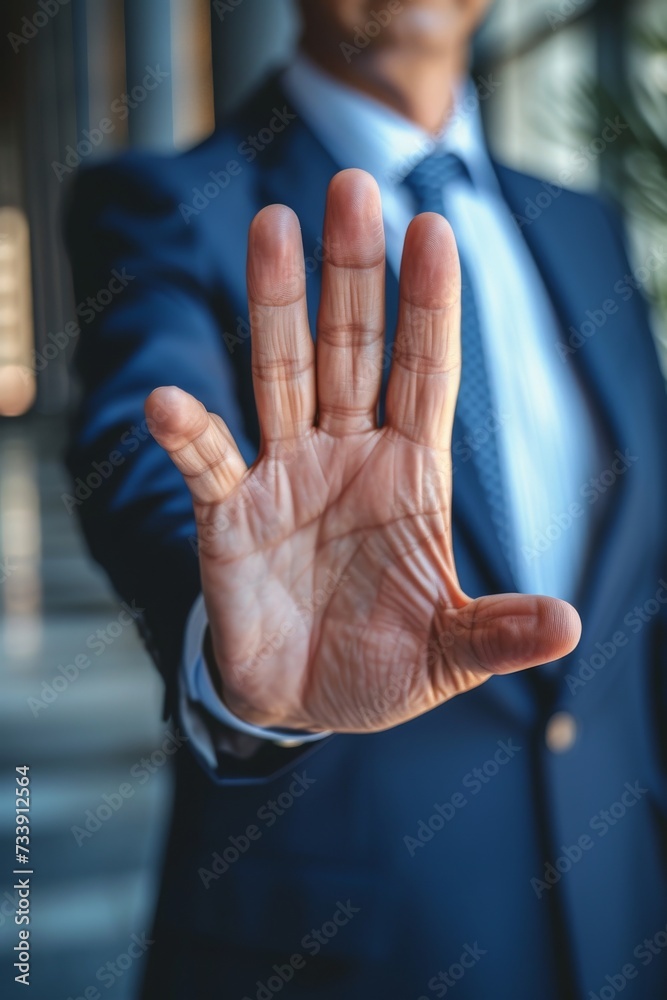 A man in a business suit extends his hand forward in a stop gesture ...
