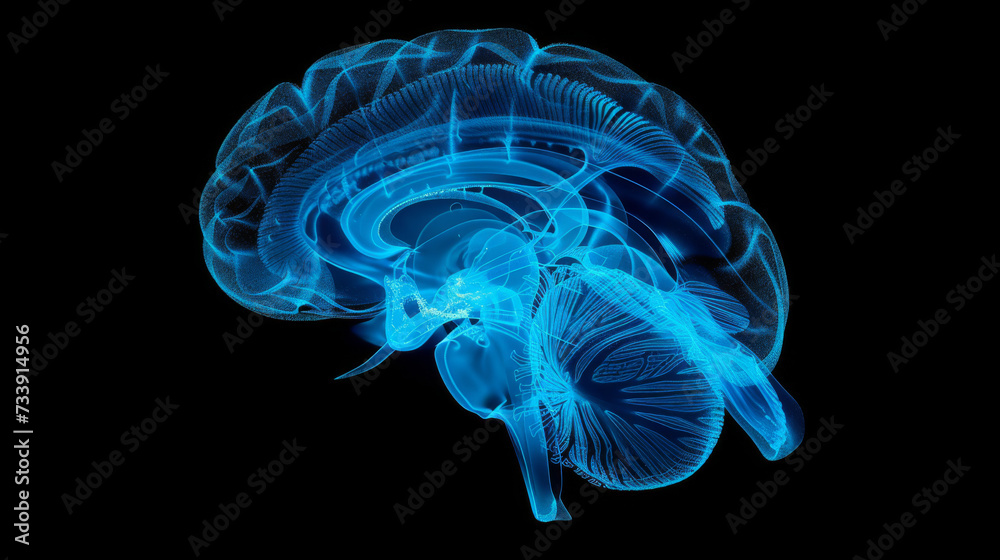 a x-ray scan of a human brain organ. anatomy of a male person. blue ...