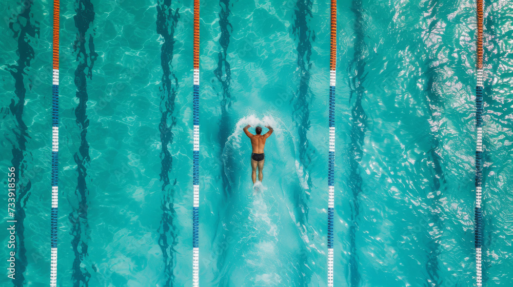 Aerial Top View Male Swimmer Swimming in Swimming Pool. Professional ...