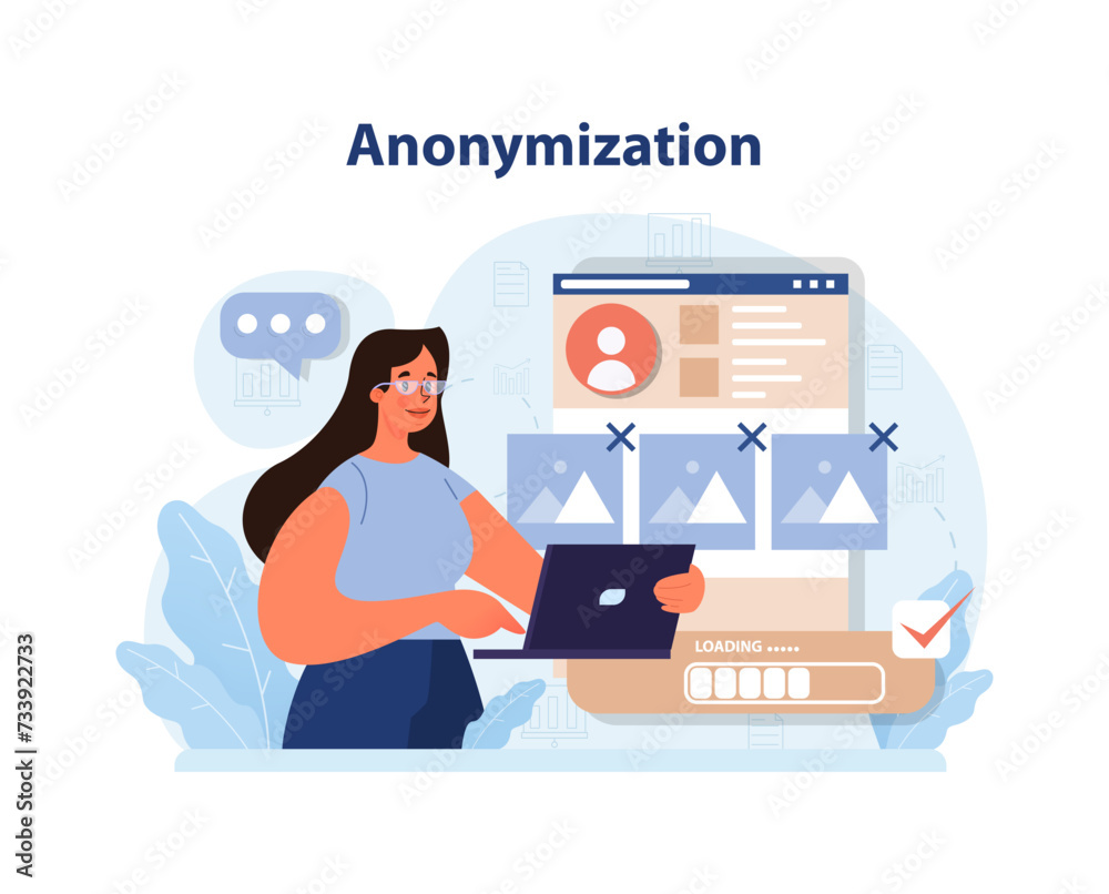 Anonymization concept. A focused woman works on her laptop, using ...