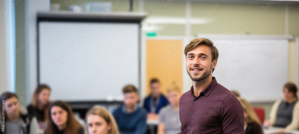 Classroom scene with teacher and students in academic environment Stock ...