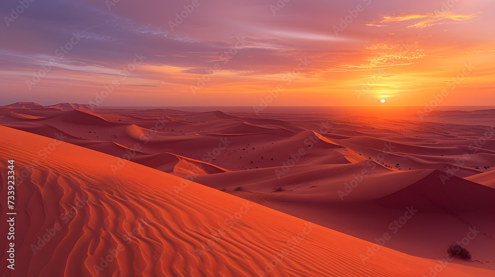 A photo of the Sahara Desert, with endless sand dunes as the background, during a dramatic ...