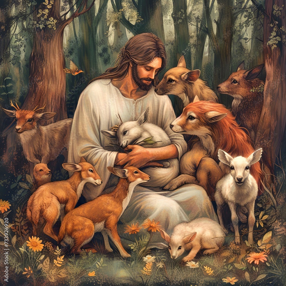 A digital art depiction of Jesus tenderly caring for a sick animal ...