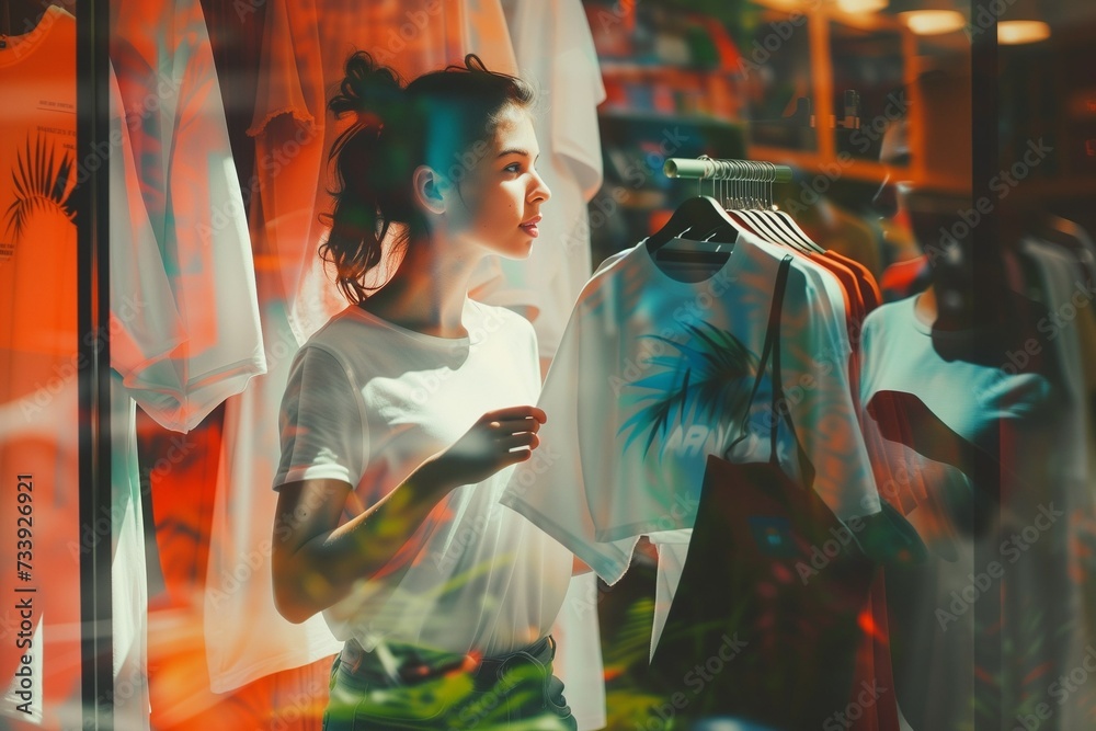 A young woman in a clothing store behind a panoramic glass showcase ...