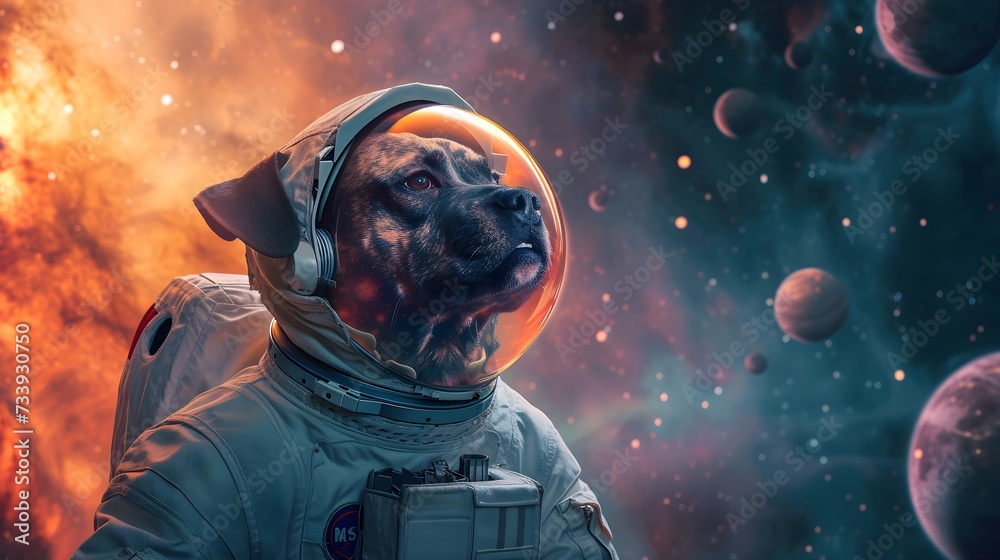 A Pit bull dog astronaut in space wearing a white spacesuit and helmet ...