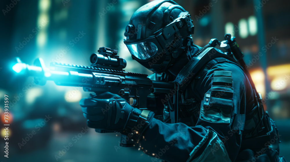 Futuristic special forces soldier aiming rifle during night operation ...