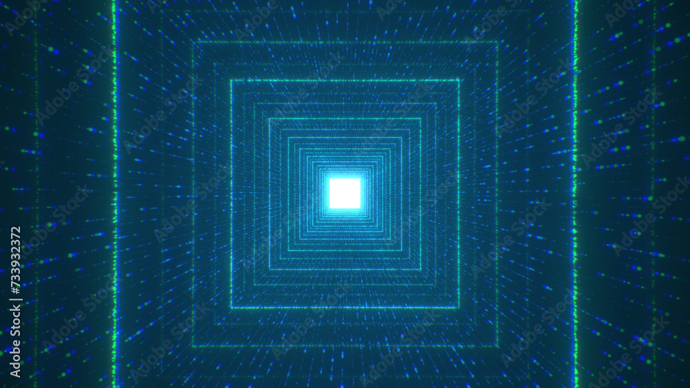 Flying into blue digital technologic tunnel. 3D Big data digital tunnel square with futuristic ...