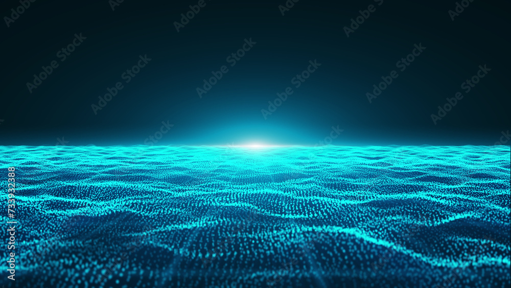Blue abstract digital particle waves with sunset background. Hi ...