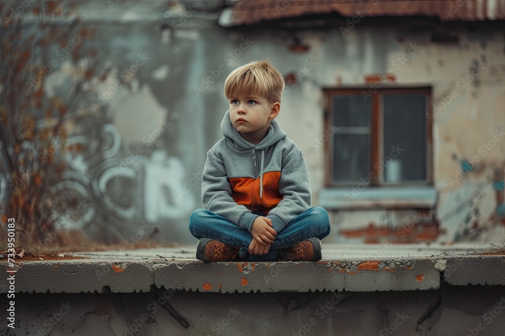 An isolated child, his downcast demeanor portraying feelings of sadness ...