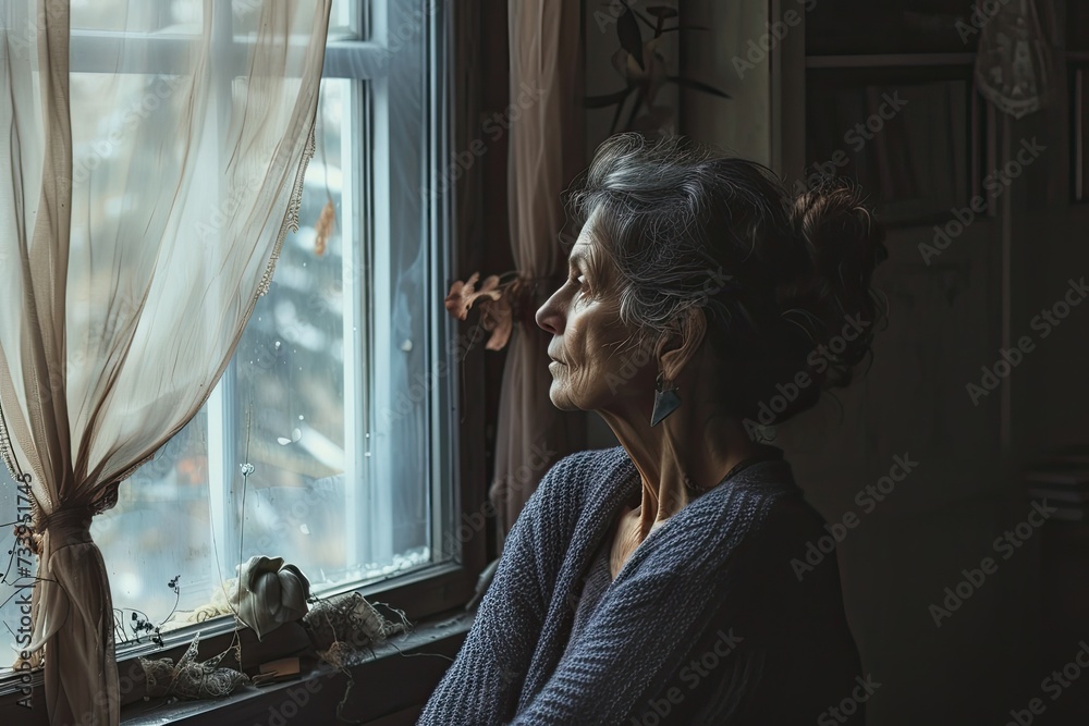 Alone and contemplative, an older woman stares out the window ...