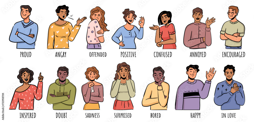 Poster Personages expressing emotions and feelings with gesture, poses ...