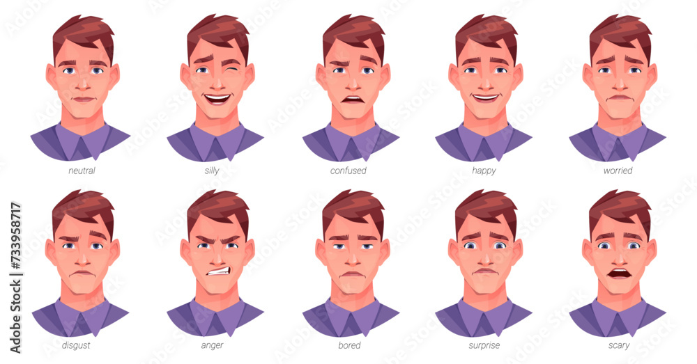 Facial expressions and emotions of man personage. Vector isolated ...