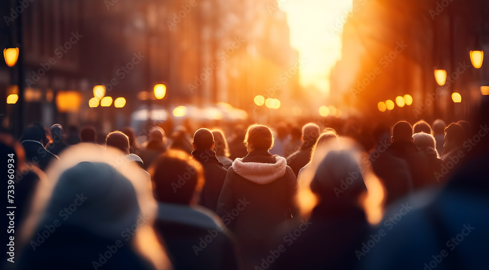 Busy street scene with crowds of people walking in the city at sunset ...