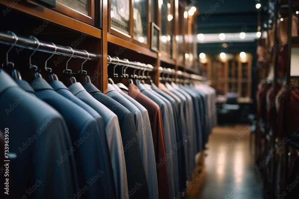 Interior of a business suit store. Premium expensive suits hang in a ...