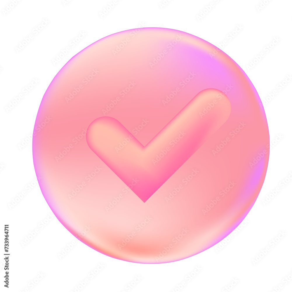 Cute pink check mark icon. Smooth 3d bubble icon. Creative isolated ...
