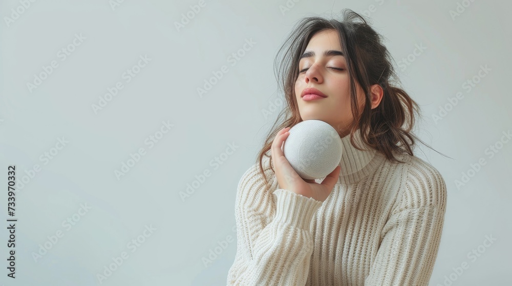 Beautiful young girl using voice controlled smart speaker and personal ...