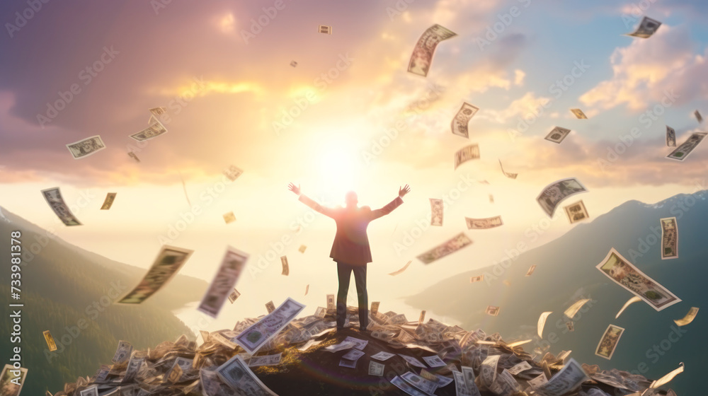 cash flow concept. Successful man standing on on pinnacle of success ...