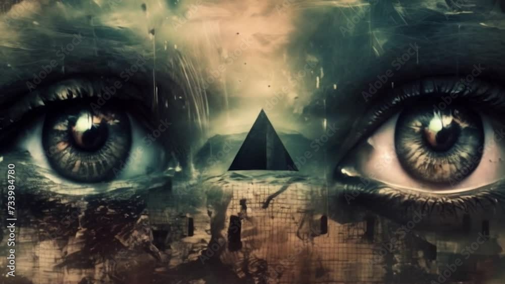 Animation or a prophecy or nightmare. Eyes filled with mystery gazing ...