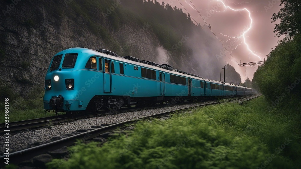 train on the railway blue electricity, A retro train in lightning storm ...