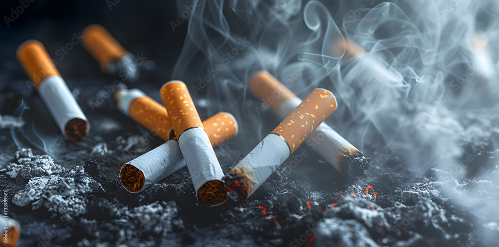Lit cigarettes with smoke. Dangerous cigarette smoke, Lung disease from ...