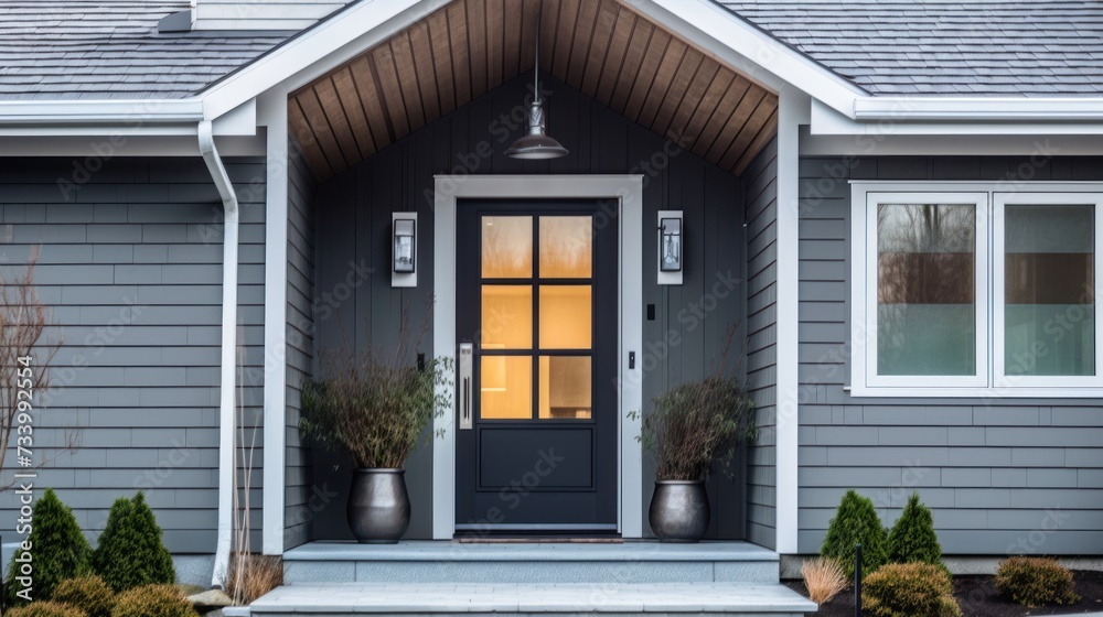 A grey modern farmhouse front door with a covered porch, wood front ...